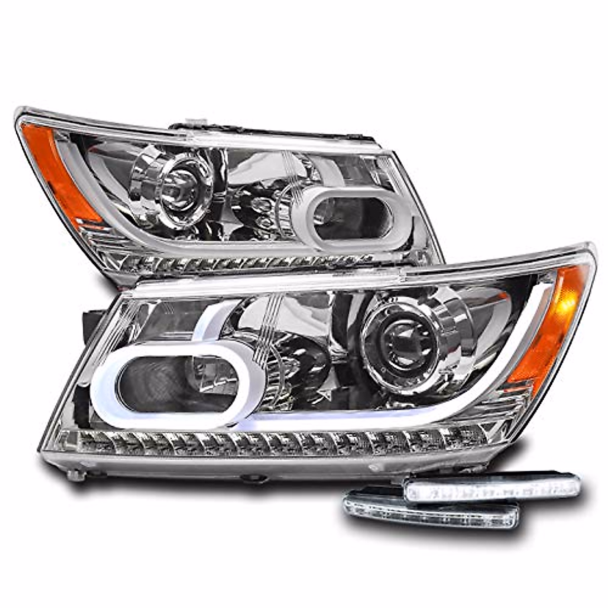 ZMAUTOPARTS For 2009-2017 Dodge Journey LED DRL Chrome Projector Headlights Headlamps with 6" White LED DRL Lights