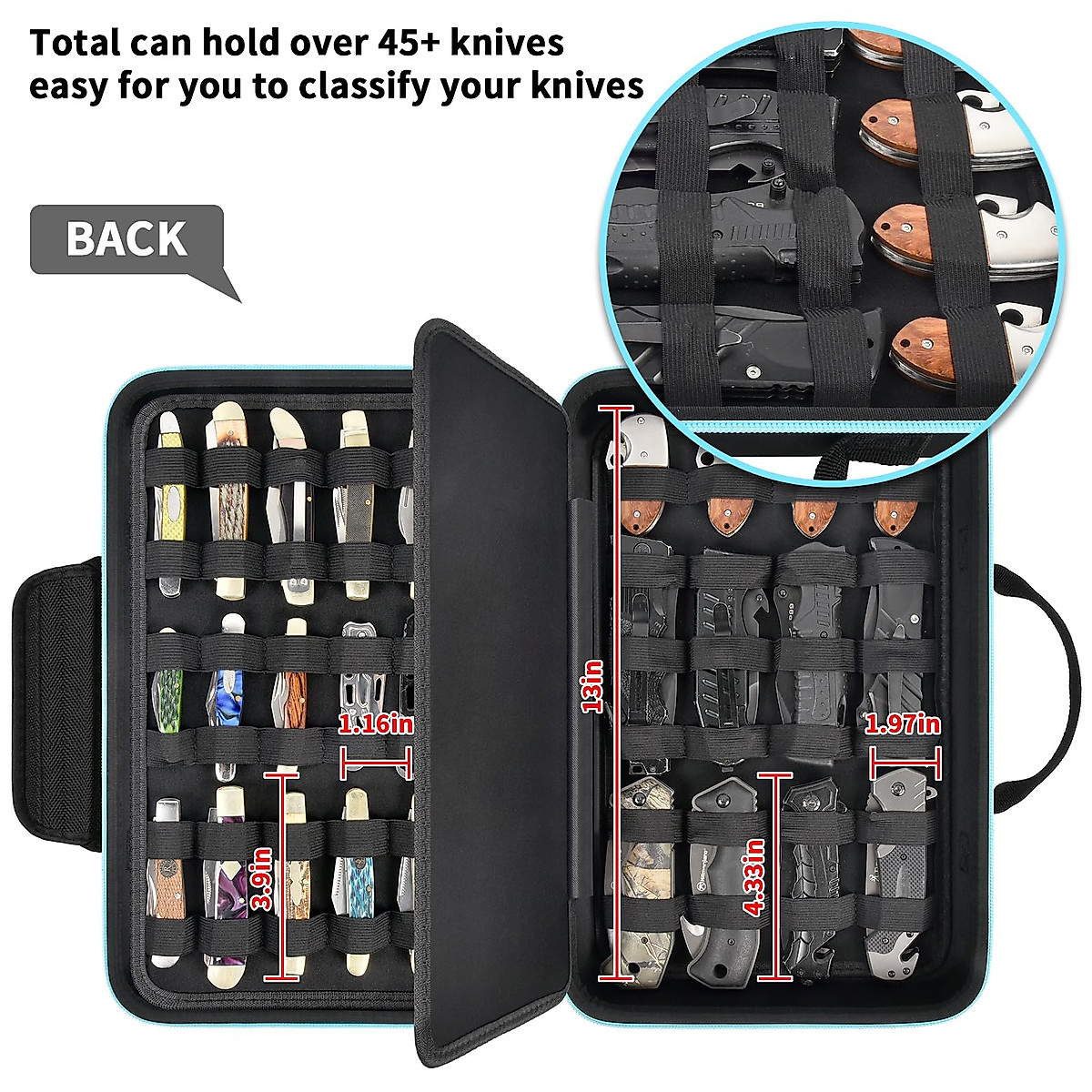 Knife Display Case for 45+ Pocket Knives, for Butterfly Knife Storage Bag, Folding Knives Organizer Holder Box, Knives Collection Protector for Survival, Tactical, Outdoor, Kitchen, EDC Mini Knife