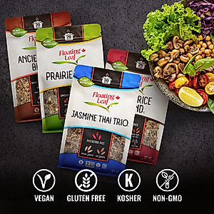 4 Packs x 14 ounces Rice Variety Pack Includes Jasmine Thai Rice Trio, Wild Rice Blend, Prairie Blend and Ancient Field Blend, Non Gluten, Non-Gmo, Kosher and Vegan - Floating Leaf