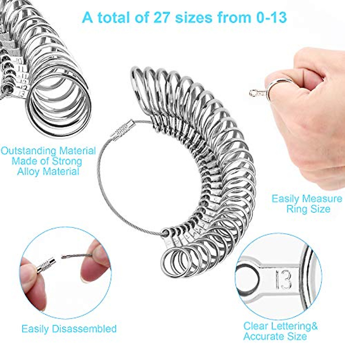 Ring Sizer Measuring Tool, Aluminum Ring Mandrel, 27 Pcs Premium Metal Ring Measurement Tool, Mens Womens Finger Gauge, 4 Sizes Ring Stick, 4 Pcs Polishing Cloth, US Ring Sizing Kit, by UUBAAR