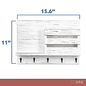 Ilyapa Key and Mail Holder for Wall - Mail Organizer Wall Mount with Decoraitve Shelf - Rustic White Wooden Wall Key Holder with 5 Metal Hooks