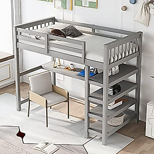 BIADNBZ Twin Size Loft Bed with Under-Bed Desk and Storage Shelves, Wooden LoftBed Frame for Kids Teens Bedroom, Gray