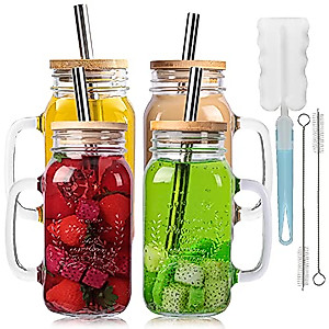 Yirilan 4 Pack 24Oz Mason Jar Cups, Mason Jars with Handle, Mason Jar Drinking Glasses, Mason Jar with Lid and Straw, Mason Jar Mugs