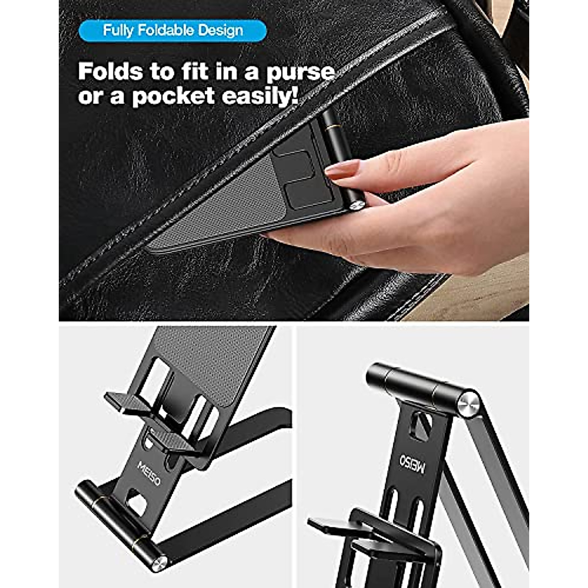 MEISO Cell Phone Stand, Fully Foldable Phone Holder for Desk, Desktop Mobile Phone Cradle Dock Compatible with iPhone, Samsung Galaxy, iPad Mini, Tablets Up to 10” (Black)