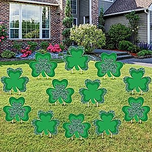 12 Pieces Shamrocks St. Patrick's Day Yard Sign with 24 Stakes Saint Patrick's Day Plastic Ornaments for Outdoor Decorations