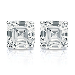 1/2 Carat Lab Grown Diamond Asscher Cut Stud Earrings in 14k White Gold (VS-SI, cttw) 4-Prong Basket Screw Back by Diamond Wish
