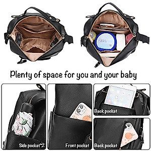 Diaper Bag Backpack for Mom Pu Leather Waterproof Multifunctional Large Capacity Travel Baby Bag with Changing Pad for Boy Girl Stroller Straps 2pcs Black