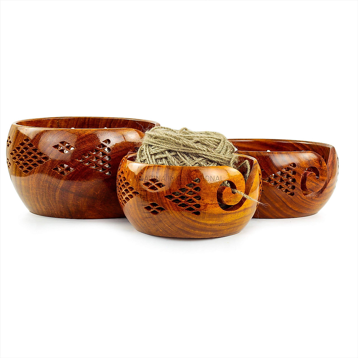 Premium Rosewood Crafted Yarn Storage Bowls with Decorative Carved Handmade Grills - Knitting & Crochet Accessories Supplies (Set)