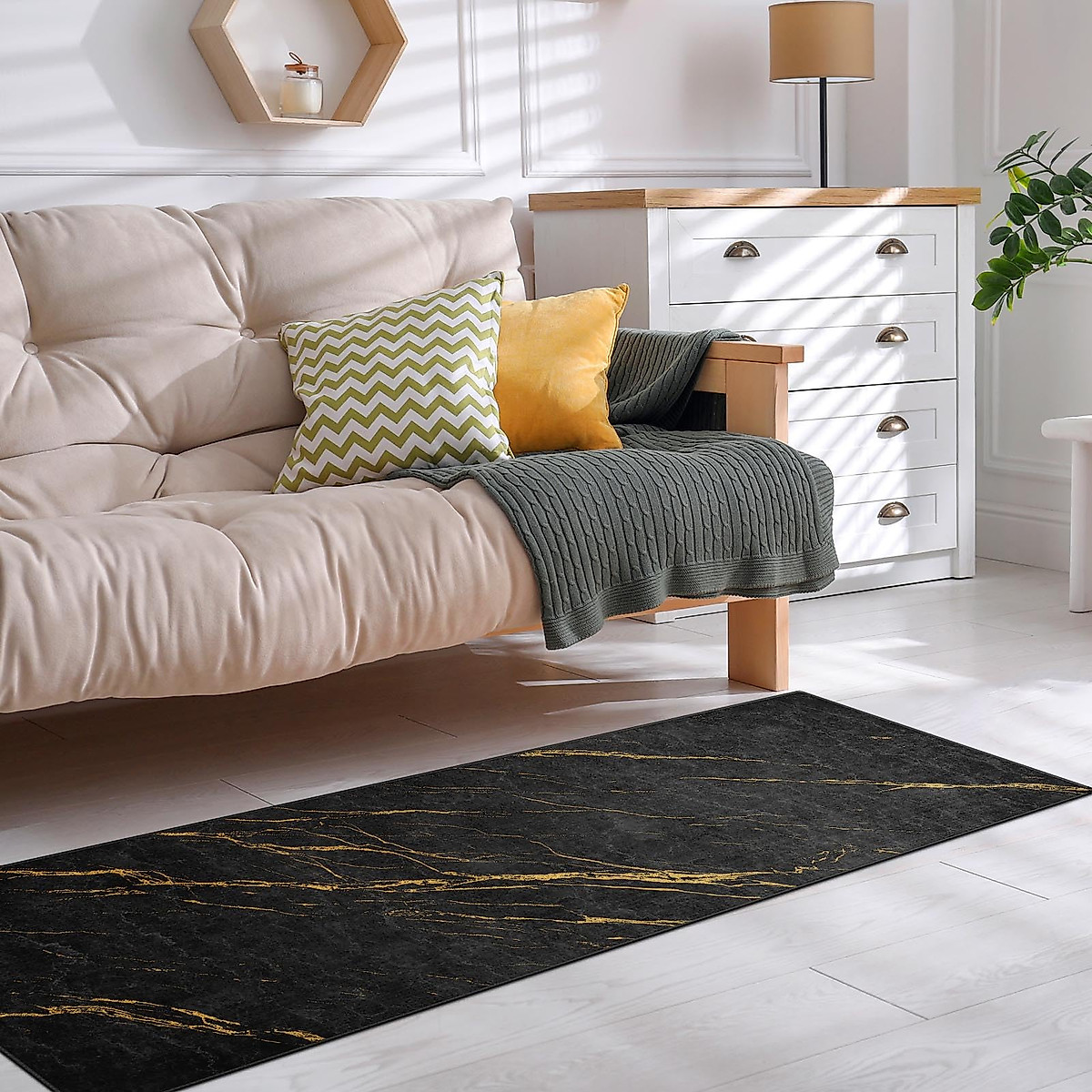 ArtSocket Area Rug Marble Black Gold Runner Rug Yellow Stone Rock Floor Rug 2' x 6' Entry Rug Non-Slip Washable Indoor Door Mat Carpet Throw Rug for Bedroom Kitchen Entryway Laundry Living Home Decor