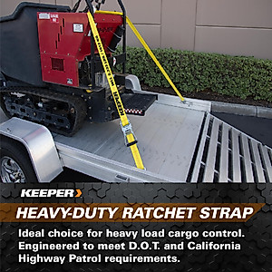 KEEPER 04622 Heavy Duty 27' x 2'' Ratcheting Tie Down, 10,000 lbs Rated Capacity with Double J-Hooks, yellow, "1.5"" x 1.5"" x 0.75"""