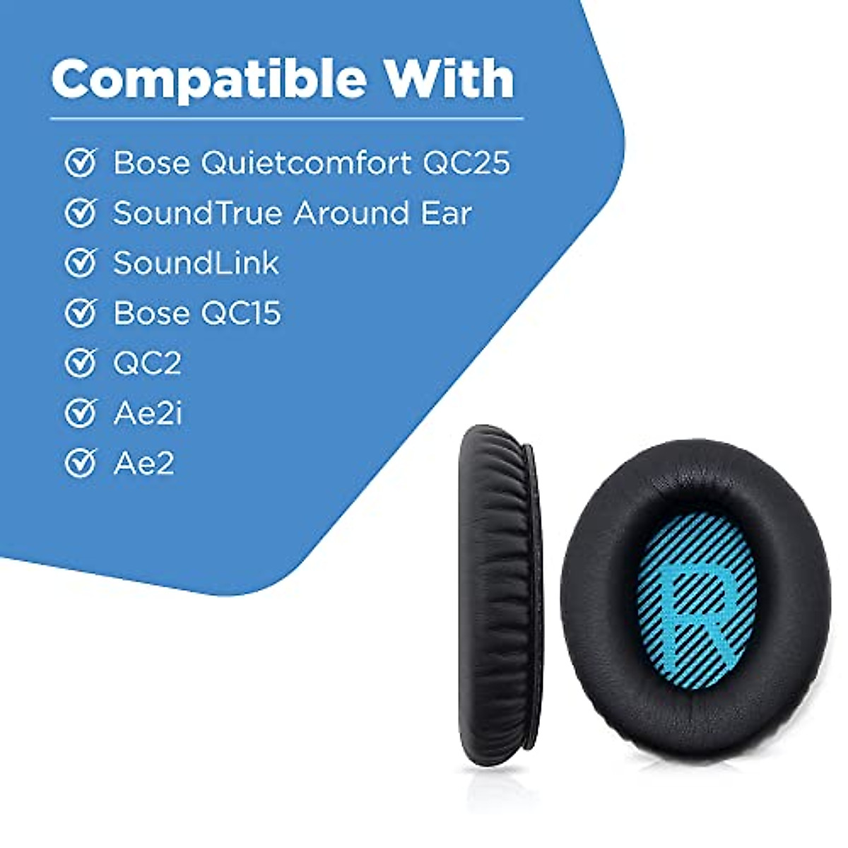 Premium Headphones Replacement Ear Pads for Bose QC25 Quiet Comfort, QC 15, SoundTrue, SoundLink AE2 - Bose Headphones Replacement Parts - Blue/Black