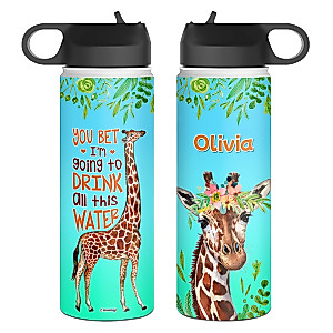 wowcugi Personalized Giraffe Water Bottle Reminder Insulated Stainless Steel Sports Travel Coffee Bottles 12oz 18oz 32oz Back To School Birthday Christmas Custom Gifts for Women Kids Animal Lovers