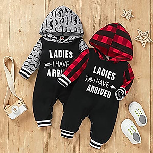 Tikoubabe Baby Boy Clothes Fall Winter Outfits Infant Long Sleeve Hoddie Romper Ladies I Have Arrived Printed 0-3 Months 70CM Red Plaid
