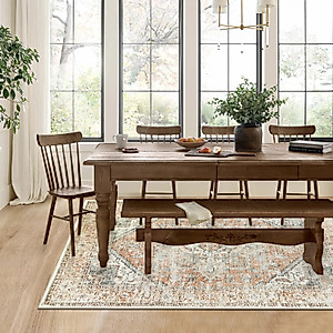 Moespace Washable Area Rug 5x7 ft, Oriental Living Room Rug Boho Nursery Rug for Bedroom, Non-Slip Carpet Print Distressed Retro Entryway Rug for Laundry Dining Room Office Hall, Orange