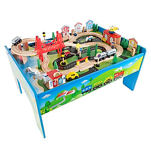 Wooden Train Set Table for Kids, Deluxe Had Painted with Tracks, Cars, Boats, and Accessories for Boys and Girls by Hey! Play!