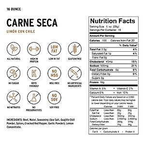 People's Choice Beef Jerky - Carne Seca - Limón Con Chile - Healthy, Sugar Free, Zero Carb, Gluten Free, Keto Friendly, High Protein Meat Snack - Dry Texture - 1 Pound, 16 oz - 1 Bag
