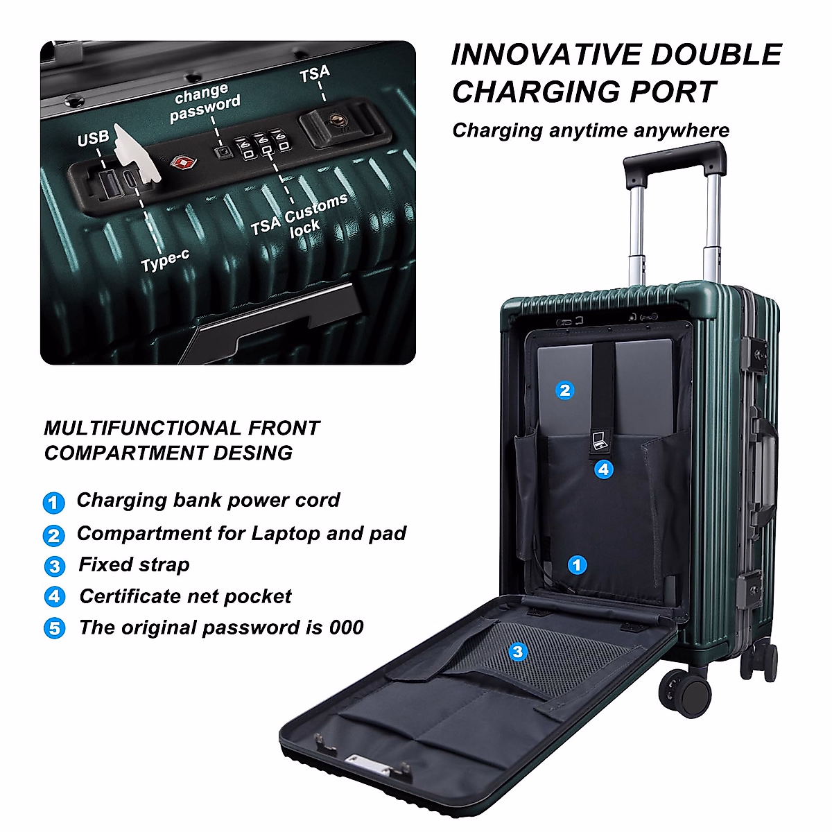 DwanNuts Carry On Luggage with Cup Holder and Usb Port, Aluminum Frame, Front Compartment, TSA Lock, 22x14x9 Airline Approved Hardside Suitcase with Spinner Wheels(Dark Green, 20-lnch)