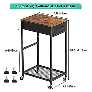 Computer Tower Stand PC Tower Stand with Storage Drawer 2 Tier Wood Rolling CPU Holder Stand Mobile Printer Cart on Wheels for Home Office, Industiral Brown and Black