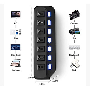 HOMELINKX SQUARE - USB HUB 3.0 Powered Splitter - External 7 Port High Speed Hub Splitter with 5V/2A Power Adapter Powered USB hub and Individual On/Off Switch for PC Laptop Desktop