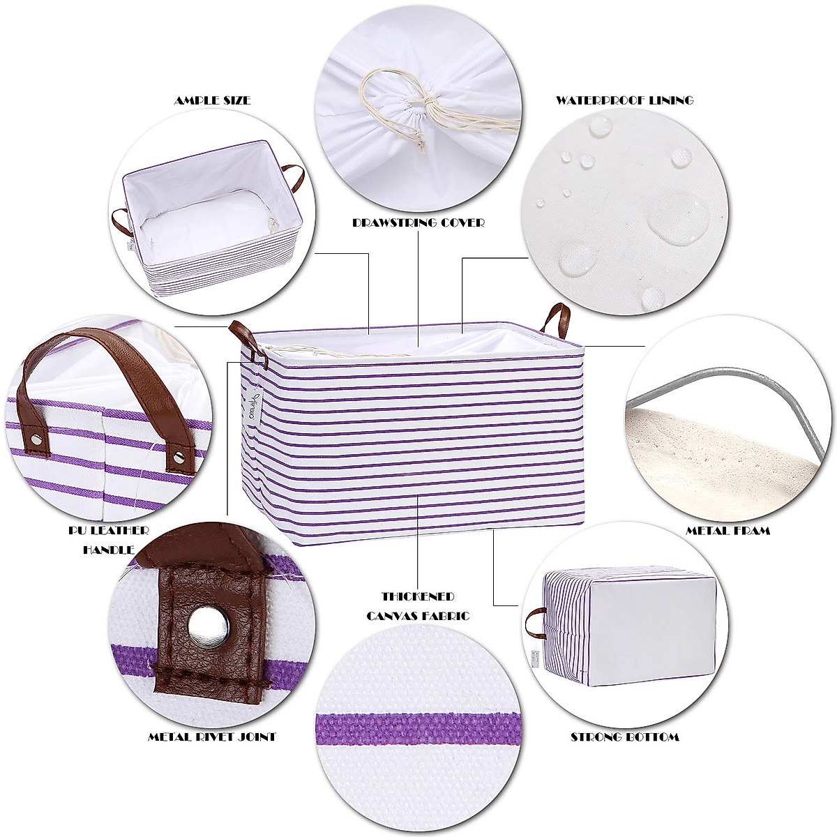 Hinwo 2-Pack Extra Large Canvas Fabric Storage Baskets with Handles, 70L Oversized Storage Bins, Collapsible Storage Box, Clothes, Toys, Blankets Organizers, 22 x 15 x 13 inches, (Purple Stripe)