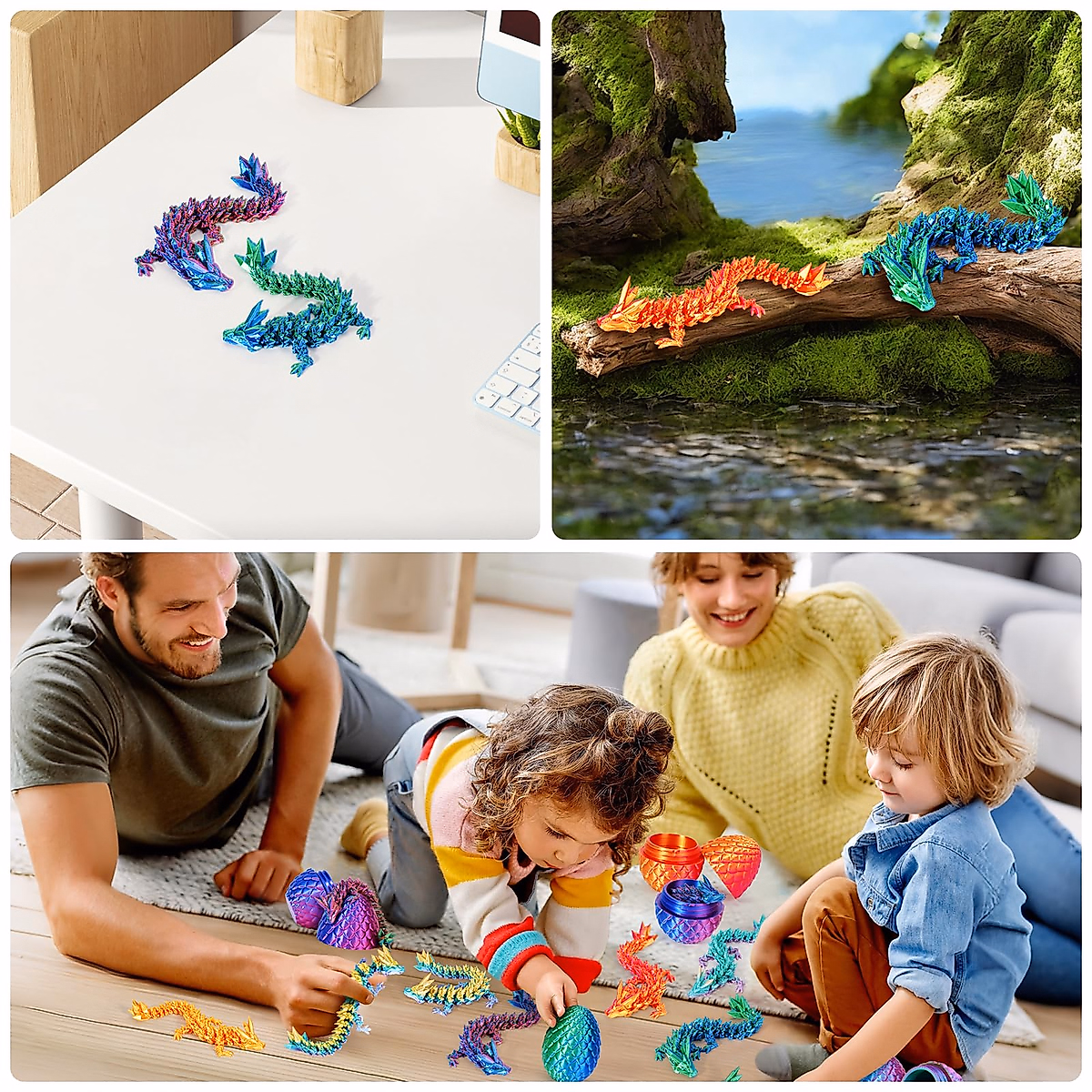 4PCS 3D Printed Easter Dragon Egg - Perfect Basket Essentials Stuffers, Prefilled Easter Eggs Filled with Toys, Articulated Crystal Dragon Fidget Toy Surprise 3D Printed Animals for Kid (4-Piece-C)