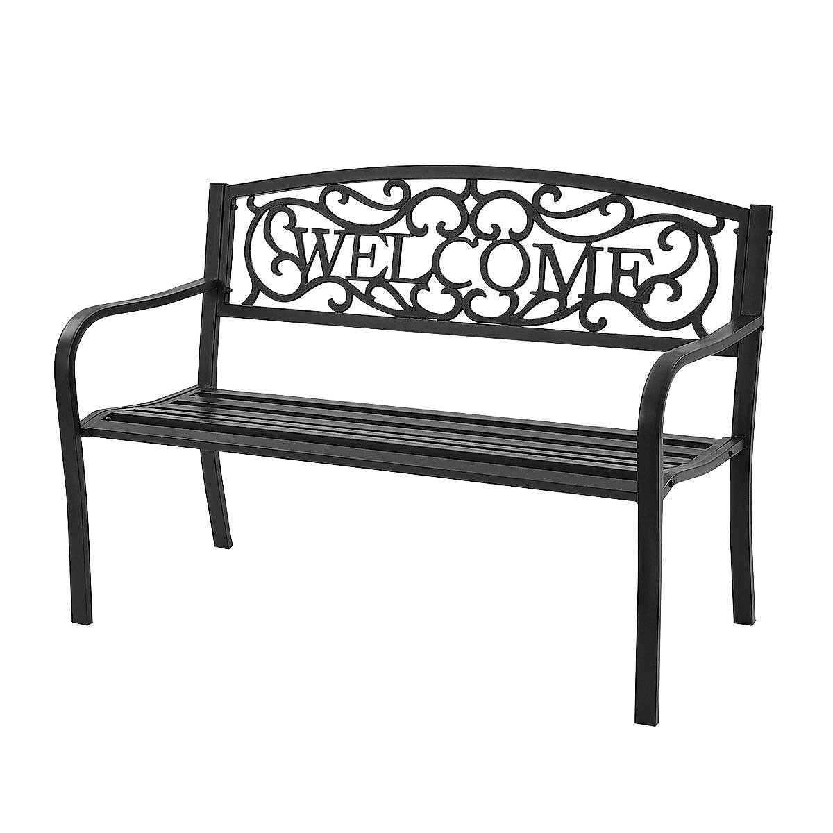 Giantex Garden Bench, Antique Metal Outside Bench w/Warm Welcome Pattern, Elegant Bronze Finish and Durable Iron Frame for Park Yard Porch Chair (Black)