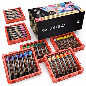 ARTEZA Acrylic Paint, Set of 60 Colors, 0.74 oz/22 ml Tubes, includes 5 Metallic Colors, Rich Pigments, Non-Fading, Non-Toxic Paints for Artist & Hobby Painters, Art Supplies for Painting