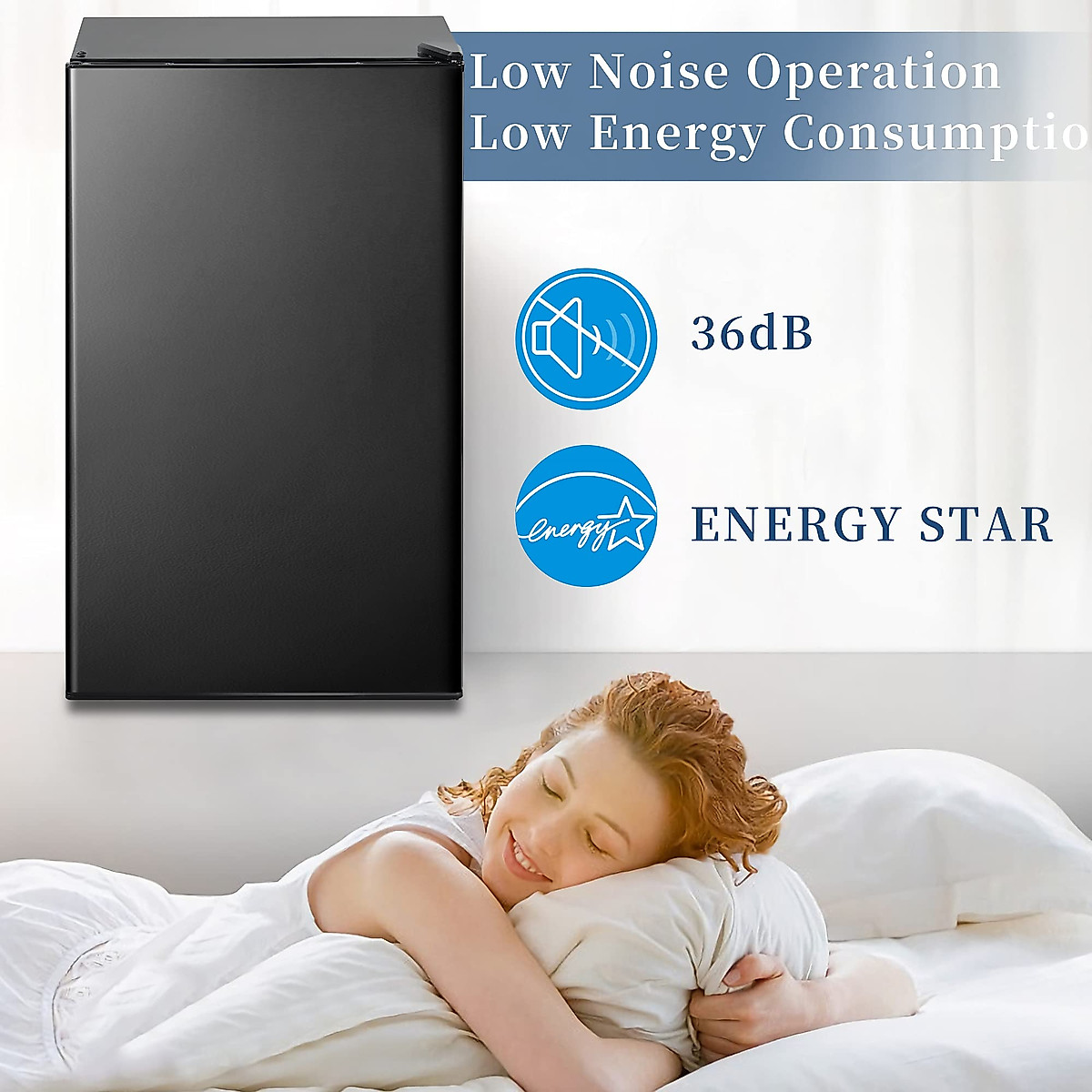 ARBELI Compact refrigerator with freezer, 3.2 Cu.ft Mini Fridge with Reversible Door, 5 Settings Temperature Adjustable for Kitchen, Bedroom, Dorm, Apartment, Bar, Office, RV Black