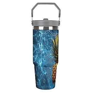 BWQJKUO Large Capacity Car Cup 30 Oz Stainless Steel Pineapple in The Pool Printed Travel Mug Leak-proof Flip Straw Tumbler with Handle,keeps Cold Or Ho