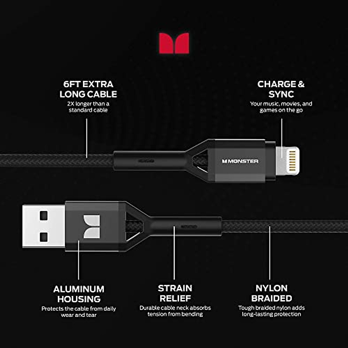 Monster Nylon-Braided 6 or 10 Ft iPhone Charging Cable, Lightning to USB-A (Works w/iPhone SE/11/11 Pro/11 Pro Max/XS/XS Max/XR/X/8/8 Plus/7/7 Plus/6/6 Plus, iPad, iPad Pro, AirPods) (6 Ft, Black)