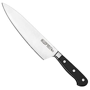 Winco KFP-85, 8″ Acero Chef’s Knife with Short Bolster, Cook's Knife with Black Handle, Triple Riveted One Piece Full Tang Professional Chefs Knife