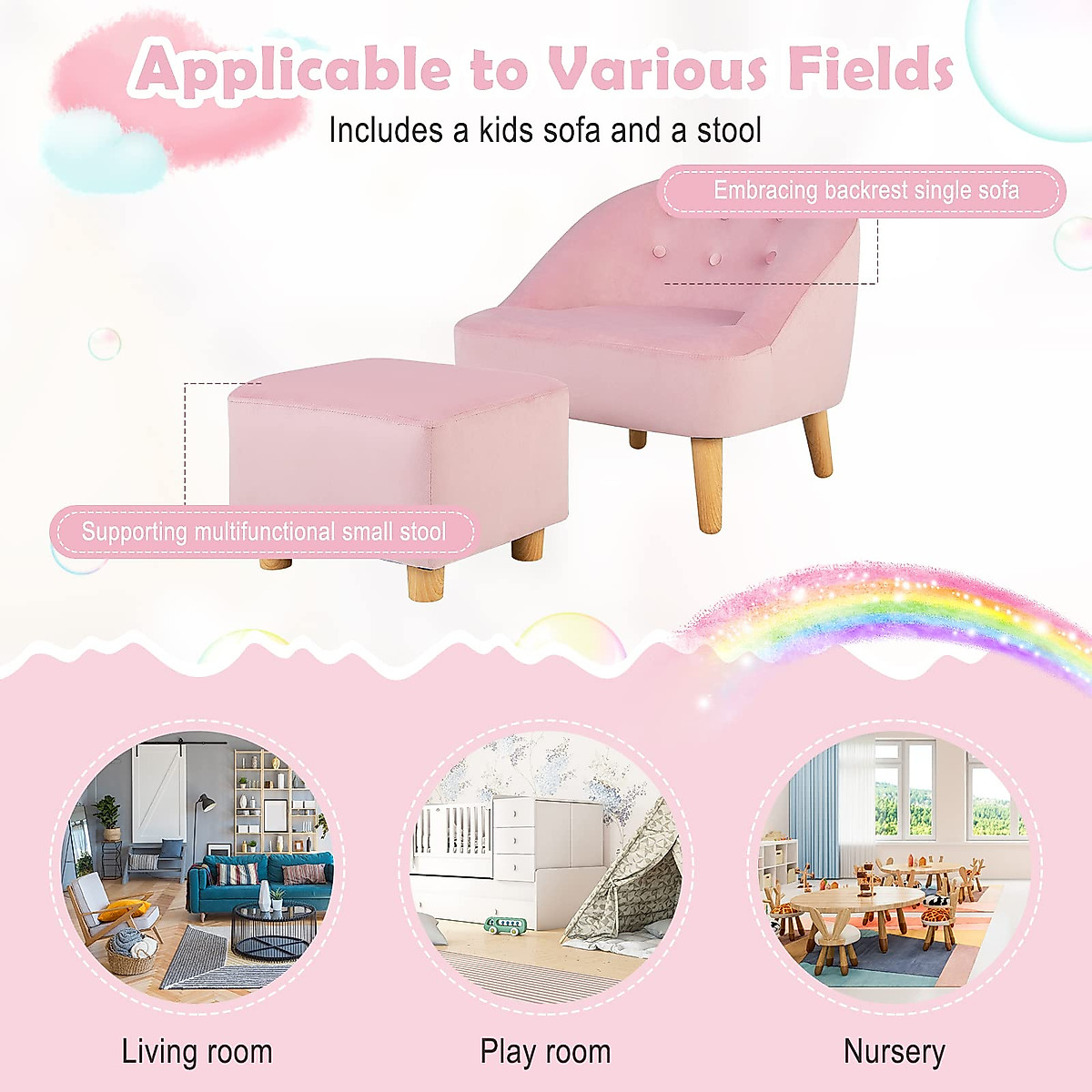 Costzon Kids Couch with Ottoman, Children's Sofa Toddler Chair w/Baby Velvet Surface, Children Armchair for Play Room, Nursery, Kindergarten, Chlidren's Sofa Gifts for 3-5 Years Old Boys Girls (Pink)