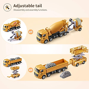 Geyiie Construction Vehicles Truck Toys, Engineering Truck Die Cast Alloy Truck Head, Tractor Trailer Excavator Dump Loader Cement Forklift Sandbox Gift for Toddlers Kids 3 4 5 6 Year Old Boy