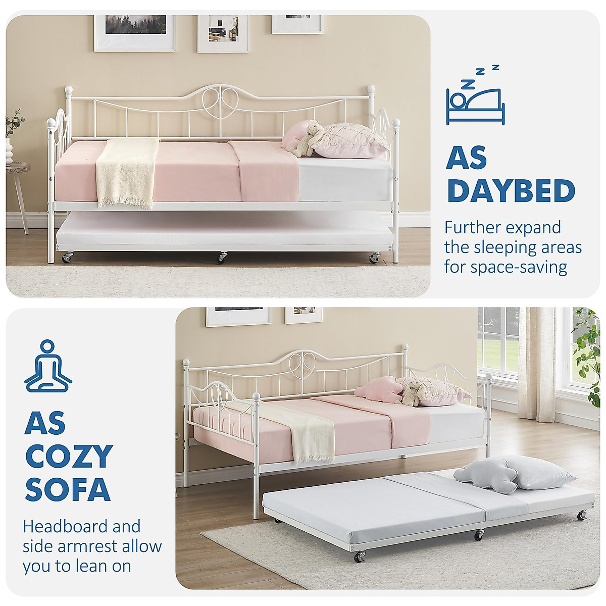 GAOMON Twin Day Bed with Trundle Bed Twin, Metal Daybed with Trundle, Daybed with Trundle Bed Frame, Steel Slat Support Sofa Bed for Kids Teens Adults, No Box Spring Needed, White