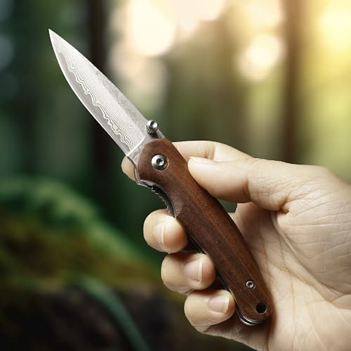 BARRYSAIL Damascus Small Pocket Knife, Folding Knife with 2.4 Inch Blade, Liner Lock, Wood Handle for EDC, Outdoor Camping, Survival