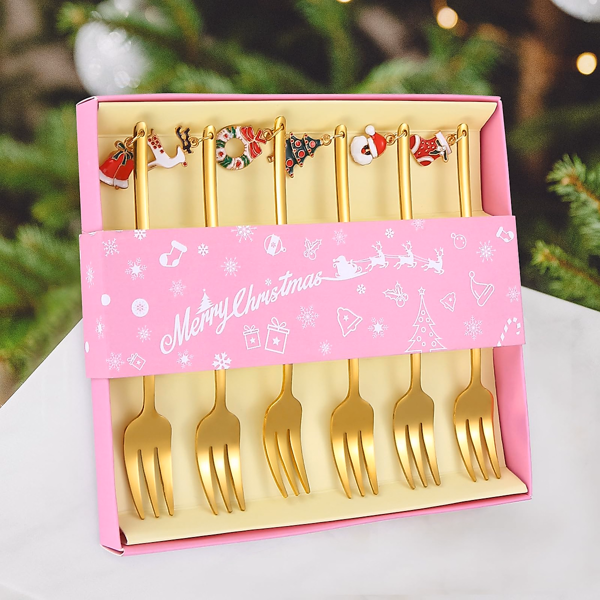 A · HOUSEWARE Dessert Forks Gold Christmas Silverware Set Stainless Steel Flatware Small 6 Pieces Appetizer Utensils With Xmas Charms Handle for Festival Parties and Everyday Use