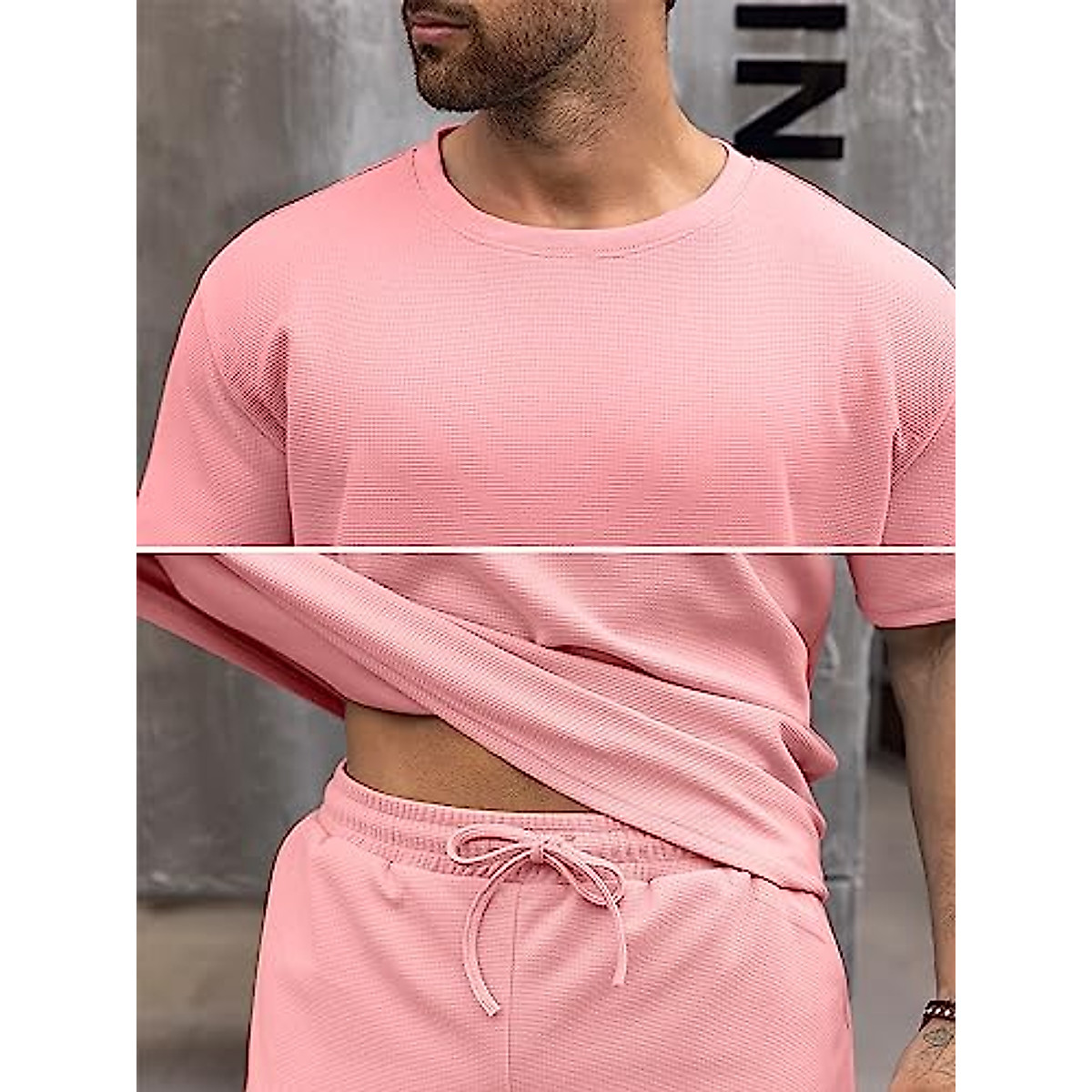 Babioboa Men's Sweatsuit Short Sleeve T Shirt Suit Summer Waffle Tee Short Sets Casual Daily Duty-off 2 pieces(Pink,S)