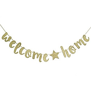 Qttier Welcome Home Gold Glitter Banner for Housewarming Patriotic Military Decoration Family Party Supplies Cursive Bunting Photo Booth Props Assembled Sign ( Gold )
