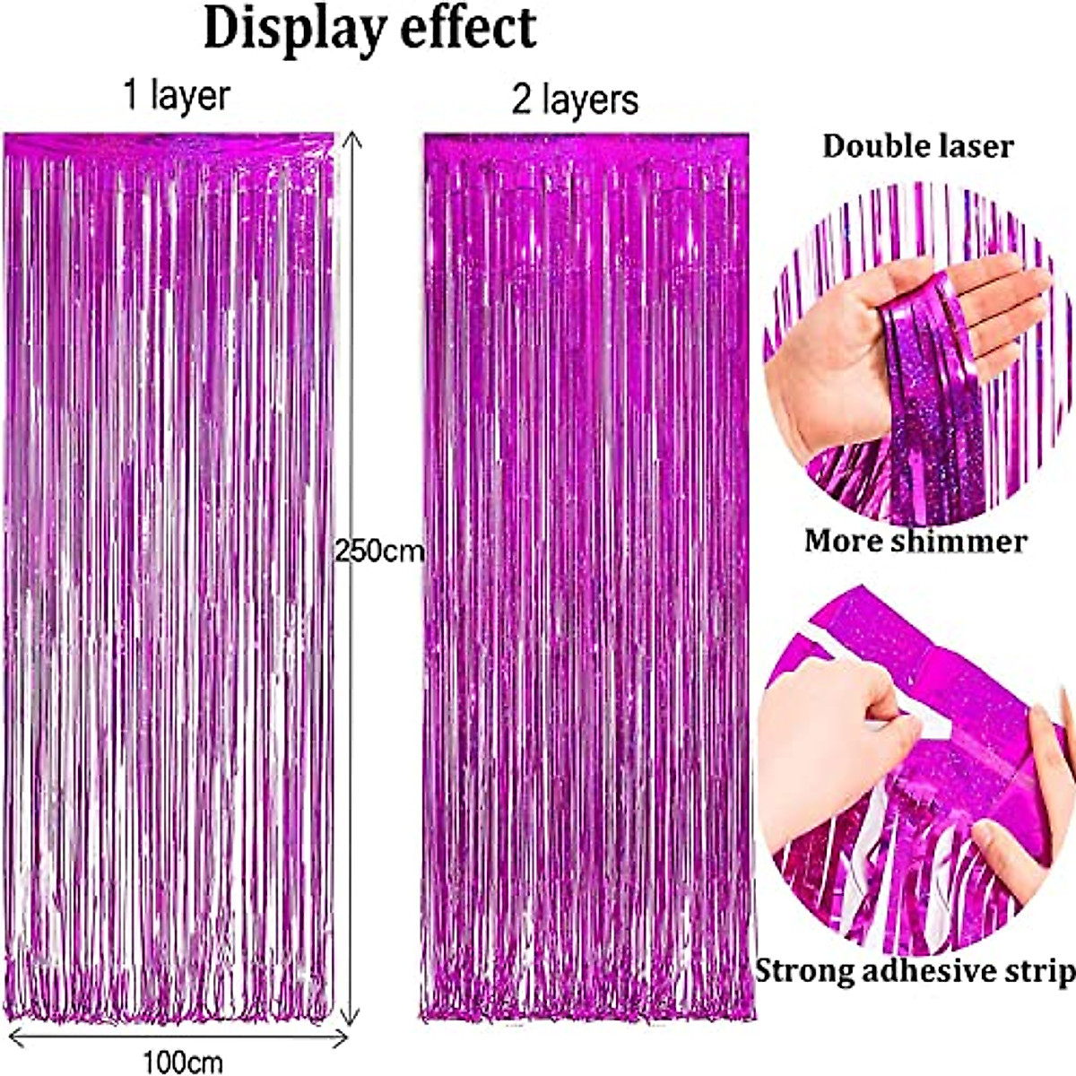 BRAVESHINE Hot Pink Glitter Tinsel Foil Fringe Curtains - 2Pcs 3.2x8.2ft Metallic Party Streamers Backdrop for Birthday Valentines Wedding Bridal Shower Tropical Hawaiian Flamingo Theme Decorations