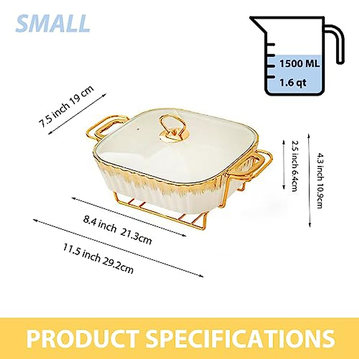 Rectangular Porcelain Casserole Warming Trays for Food, Ceramics Chafers, and Buffet Warmers Sets, Gold Plating Serving Dishes (Small 1.6 quarts)
