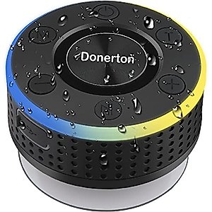 Donerton Bluetooth Shower Speaker, IPX7 Waterproof Wireless Speaker with Suction Cup, Portable Speaker, 360 HD Surround Sound, LED Light Mini Speakers, Dual Stereo Pairing, Built-in Mic, Radio(Black)