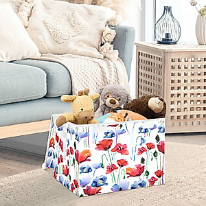 Flradish Poppy Flowers Collapsible Storage Box with Lid Closet Organizer with Handle Washable Stackable