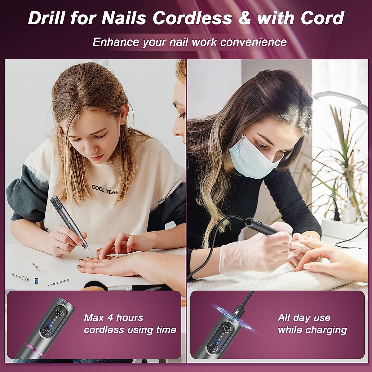 Auriox Cordless Nail Drill, USB-C Rechargeable Electric Nail Files for Acrylic Gel Nails, Professional Portable Nail Drill Kit Manicure Pedicure with Ceramic Nail Bit, 6 Metal Bit, Various Sand Bands