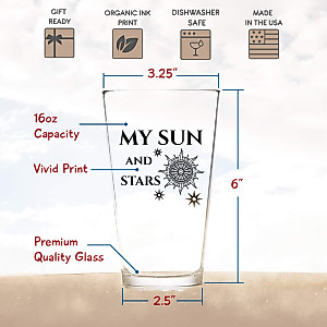 Moon of My Life My Sun and Stars Wine and Beer Glass Set for GOT Fan Couples- 12.75 oz Wine Glass & 16 oz Beer Pint Glass- Present for Mom and Dad- Inspired by GOT- Husband Wife Gift