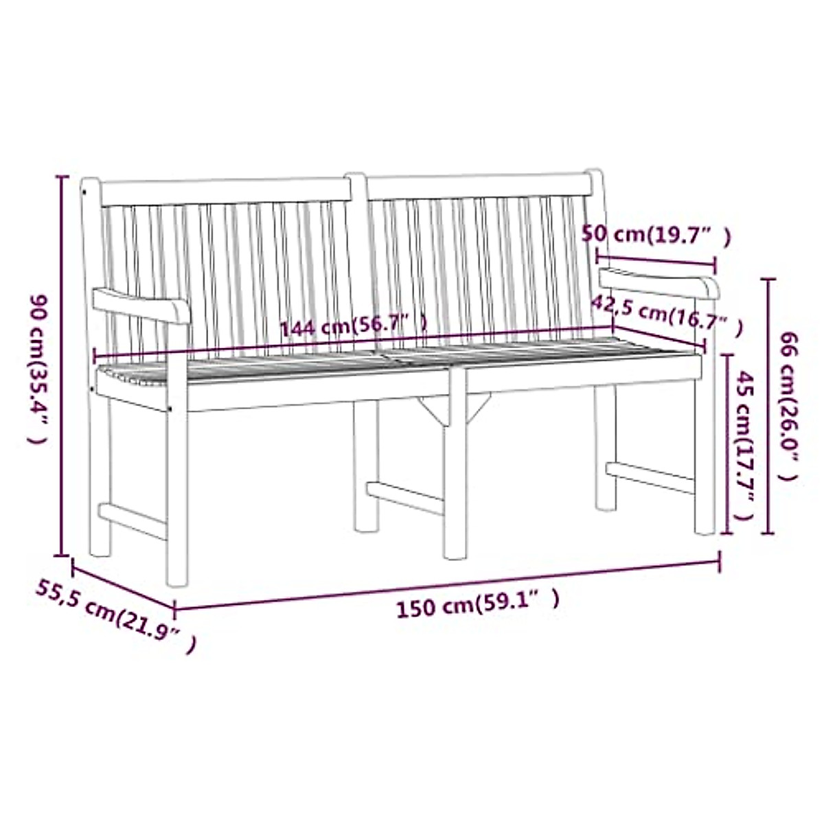 MINERWALL Patio Bench 59.1" Solid Acacia Wood,Acacia Wood Patio Bench with Armrests for Enhanced Outdoor Seating Comfort Patio Furniture
