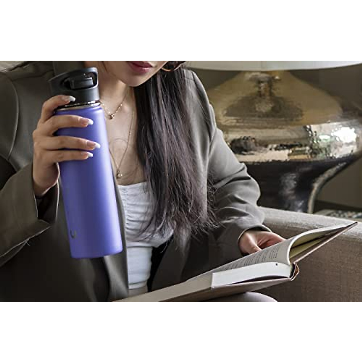 Cylindro Water Bottle, Triple-Layer Stainless Steel - 3 Lids, Vacuum Double Walled Copper Lined, BPA Free, w/ Silicone Boot, Hot & Cold - 22 Oz Veri Peri Purple