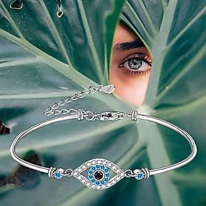 Jewlikee Evil Eye Bracelet Sterling Silver Blue Evil Eye Bangles Bracelets for Women Good Luck Protection Third Eye Amulet