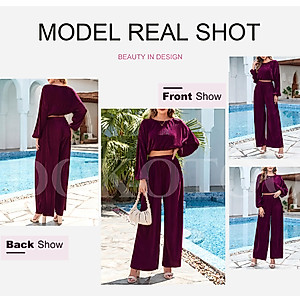 Dokotoo Womens Two Piece Outfits Casual Crew Neck Long Sleeve Tops 2 Piece Fall Outfits for Women Solid Wide Leg Pants Set 2024 Trendy Wedding Guest Sweatsuit Palazzo Pants Tracksuit L Red