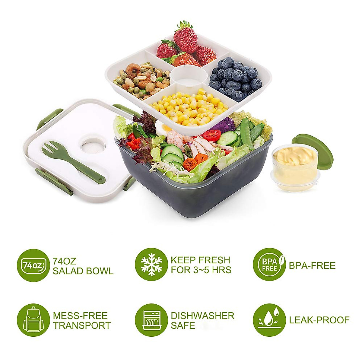 Rassody 74 OZ Salad Container To Go for Lunch with Ice Pack, Dressing Cup and 4 Compartments for Salads Toppings, Snacks, Fruits, Built-In Fork, Large Mixing Bowl, Leak-Proof, Reusable and BPA-Free
