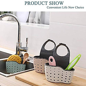 Sink Caddy Sponge Holder for Sink, Double Hanging Ajustable Strap, Silicone Sponge Caddy with Drain Holes for Drying, Sink Sponge Soap Caddy over Faucet Keep Kitchen Organized, 2PCS,Beige
